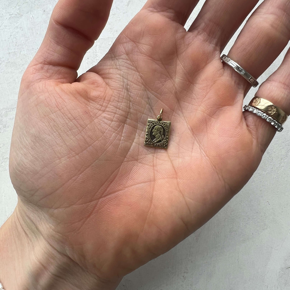 SOLD Vintage Two Cents Stamp Charm - Fewer Finer