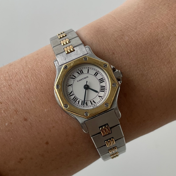 SOLD Vintage Cartier Santos Octagon Godron Two Tone Watch - Fewer Finer